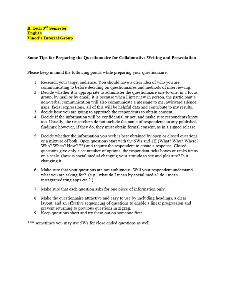 Questionnaire - Collaborative Writing-Presentation | PDF ...