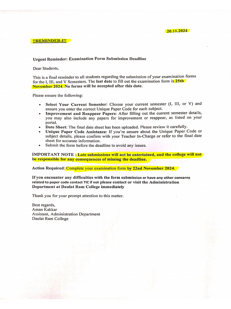 Reminder 1 Regarding Filling Examination Form | PDF