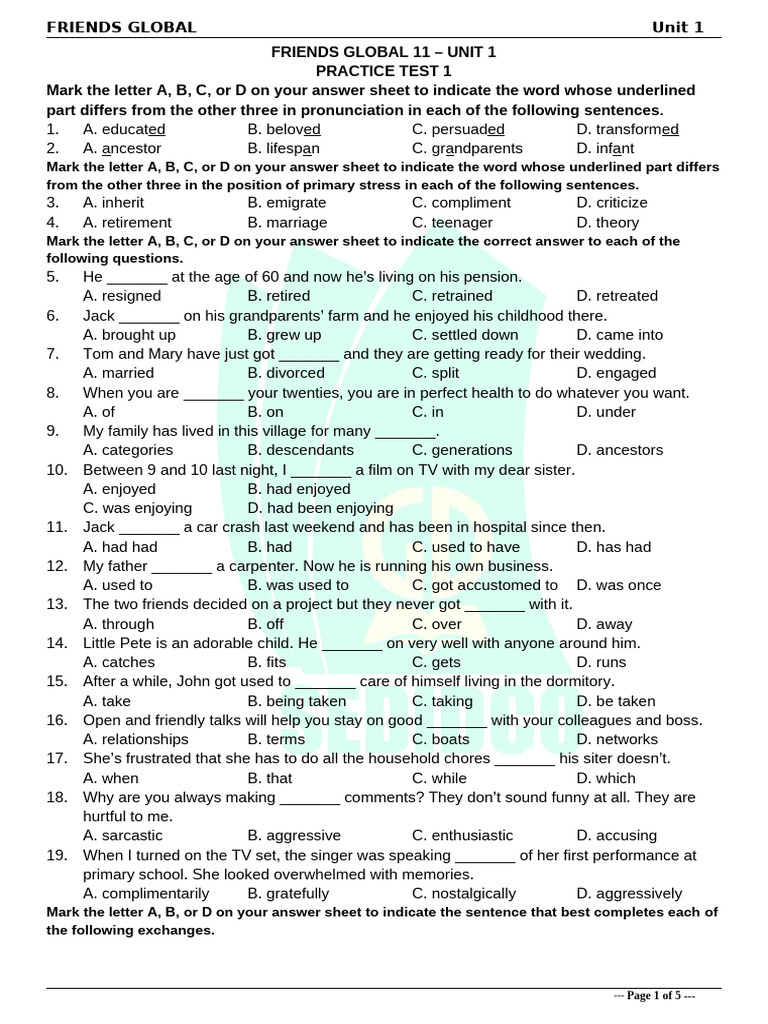 Tieng Anh 11 Friends Global - Unit 1 - Test 1 2 | PDF