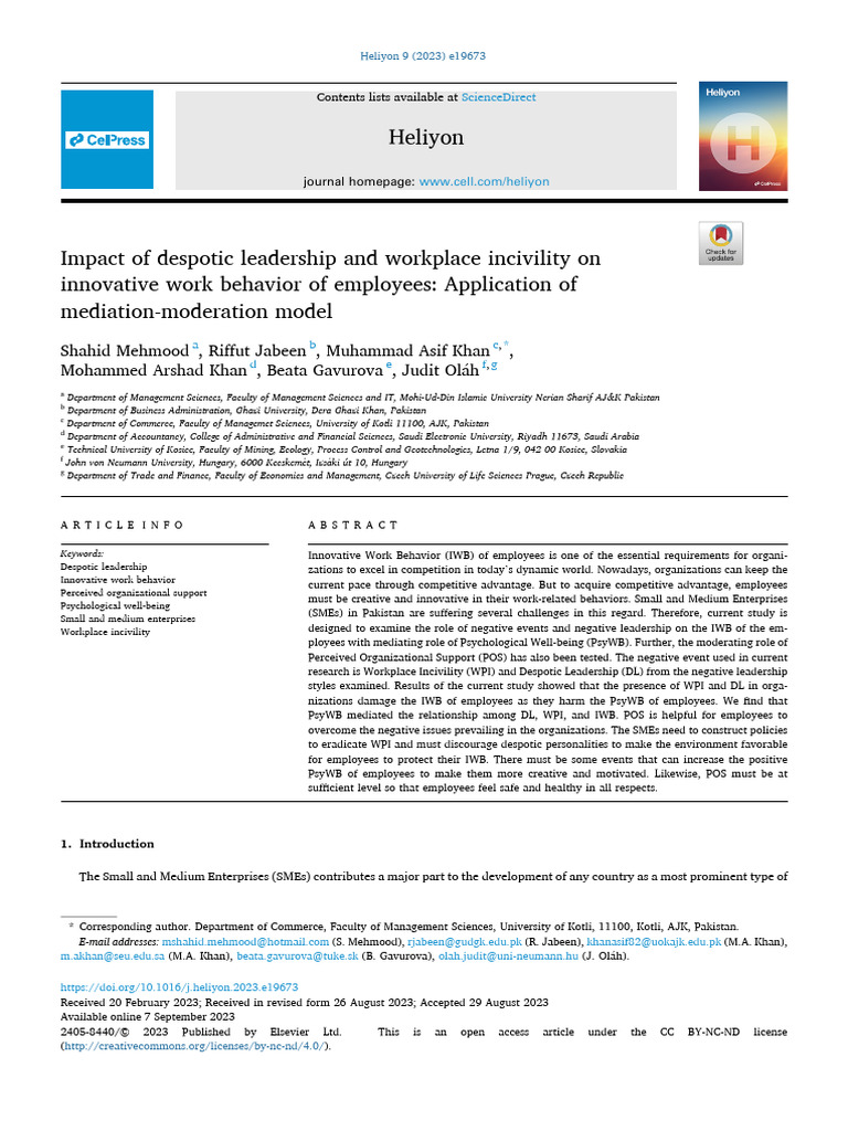 Impact of Despotic Leadership and Workplace Incivility On Innovative Work Behavior of Employees ...