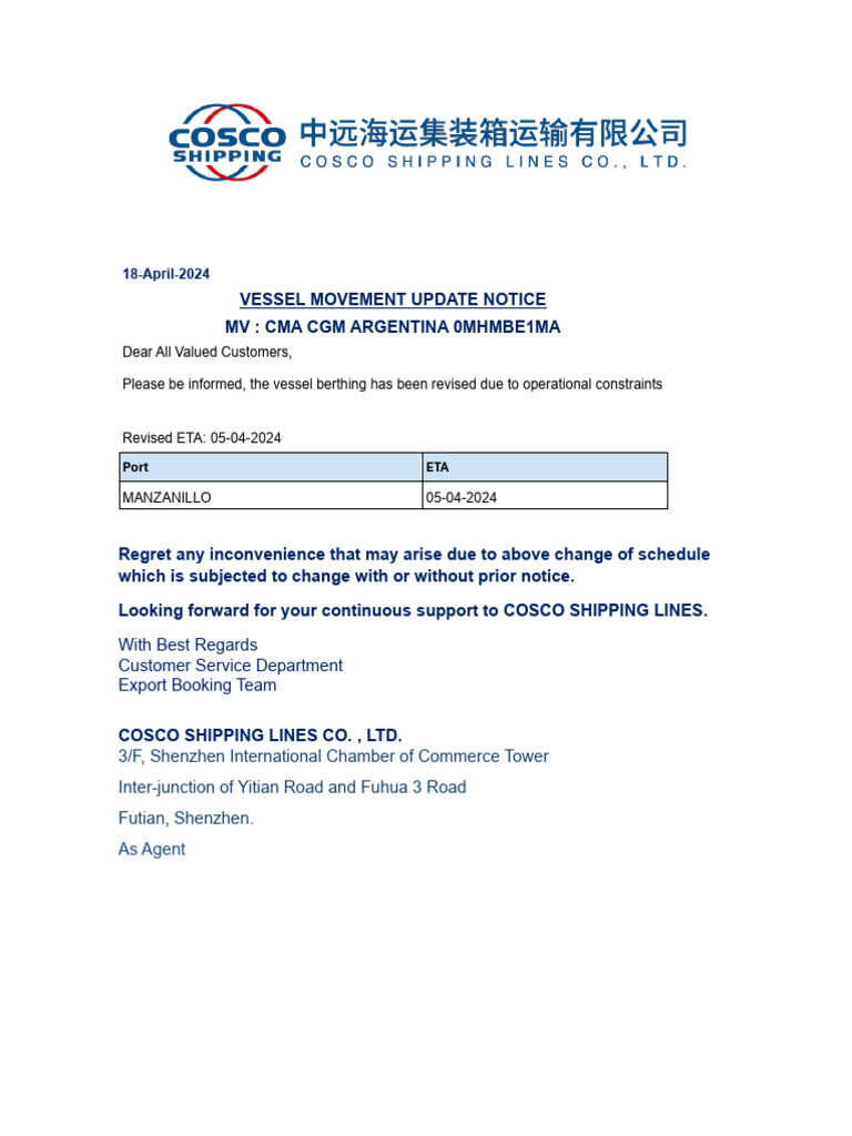 CMA CGM Argentina Vessel ETA Update | PDF