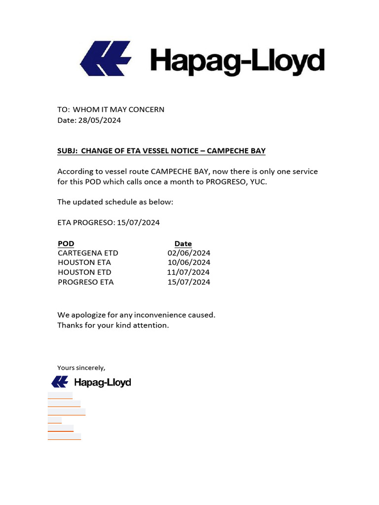 Hapag Lloyd - Change Eta Vessel - Campeche Bay | PDF