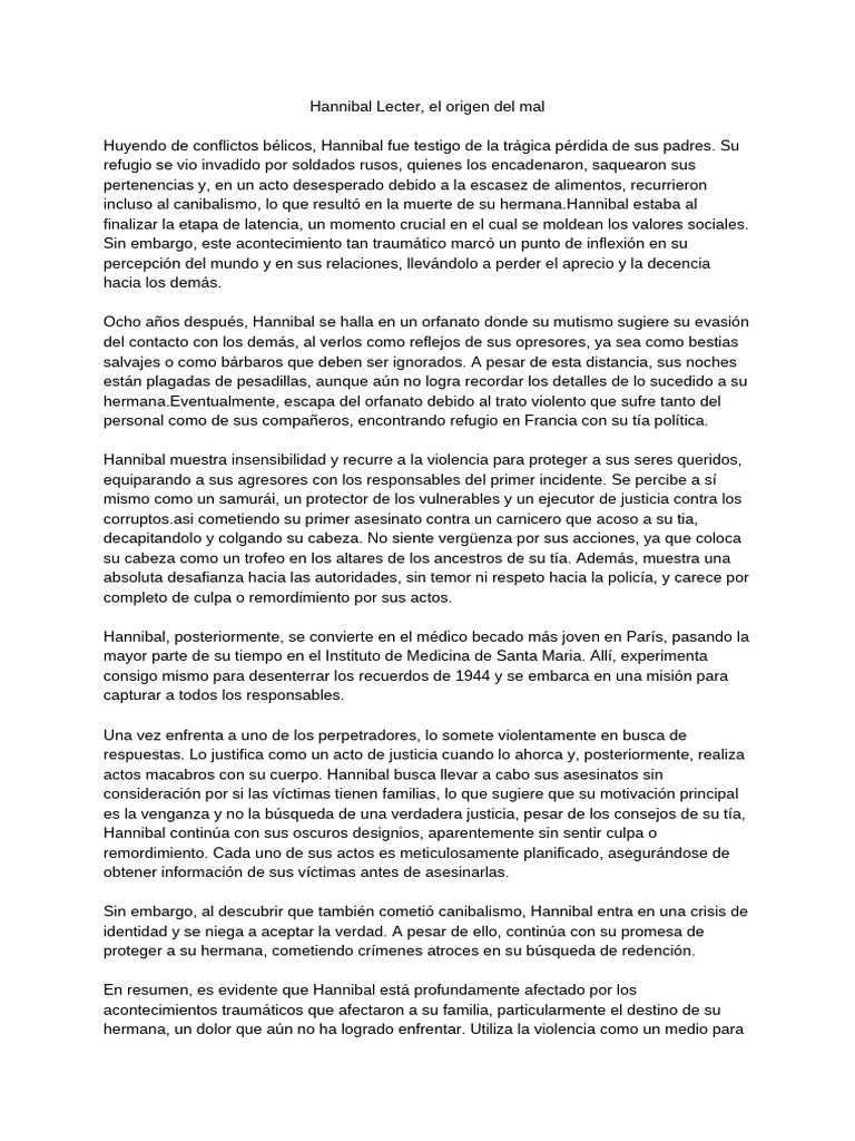Hannibal Lecter, El Origen Del Mal (Analisis de La Pelicula Desde Un Ambito Psicologico) | PDF