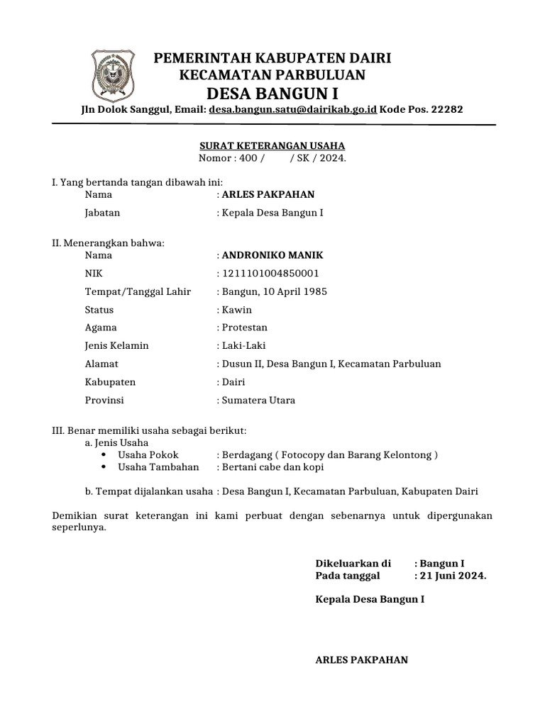 Surat Ijin Usaha | PDF