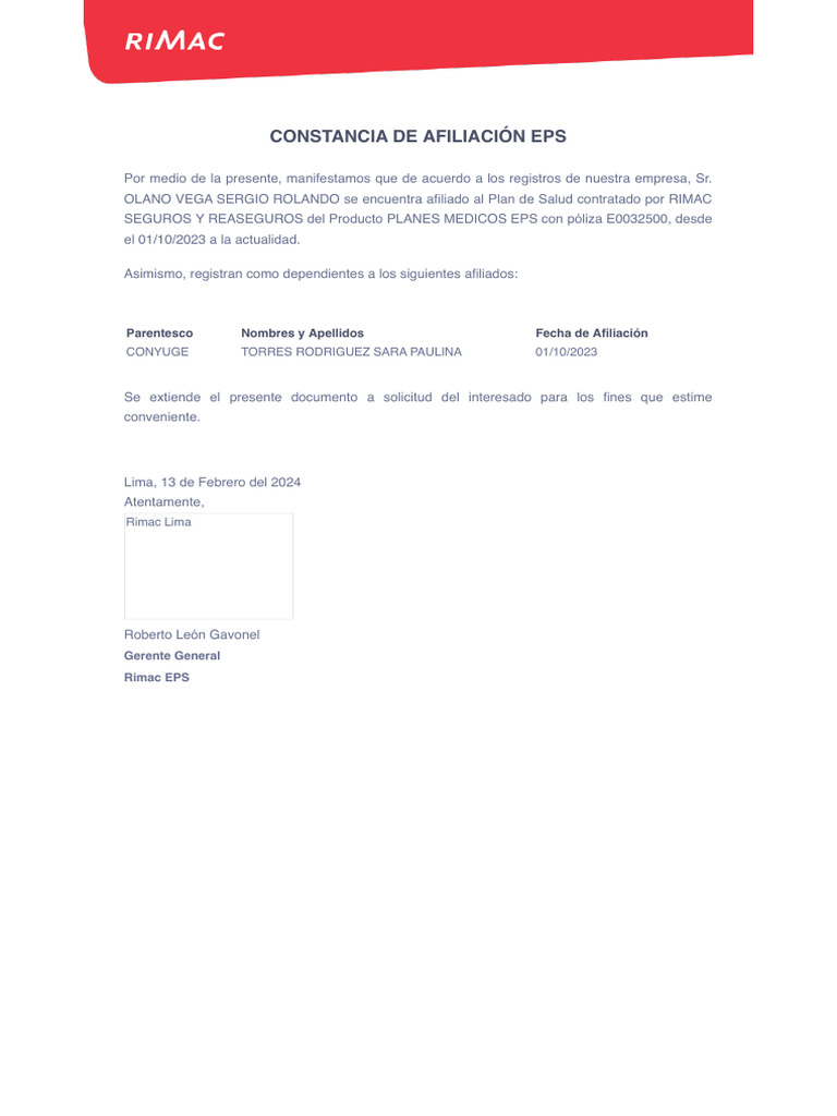 Constancia de Afiliación a EPS RIMAC | PDF