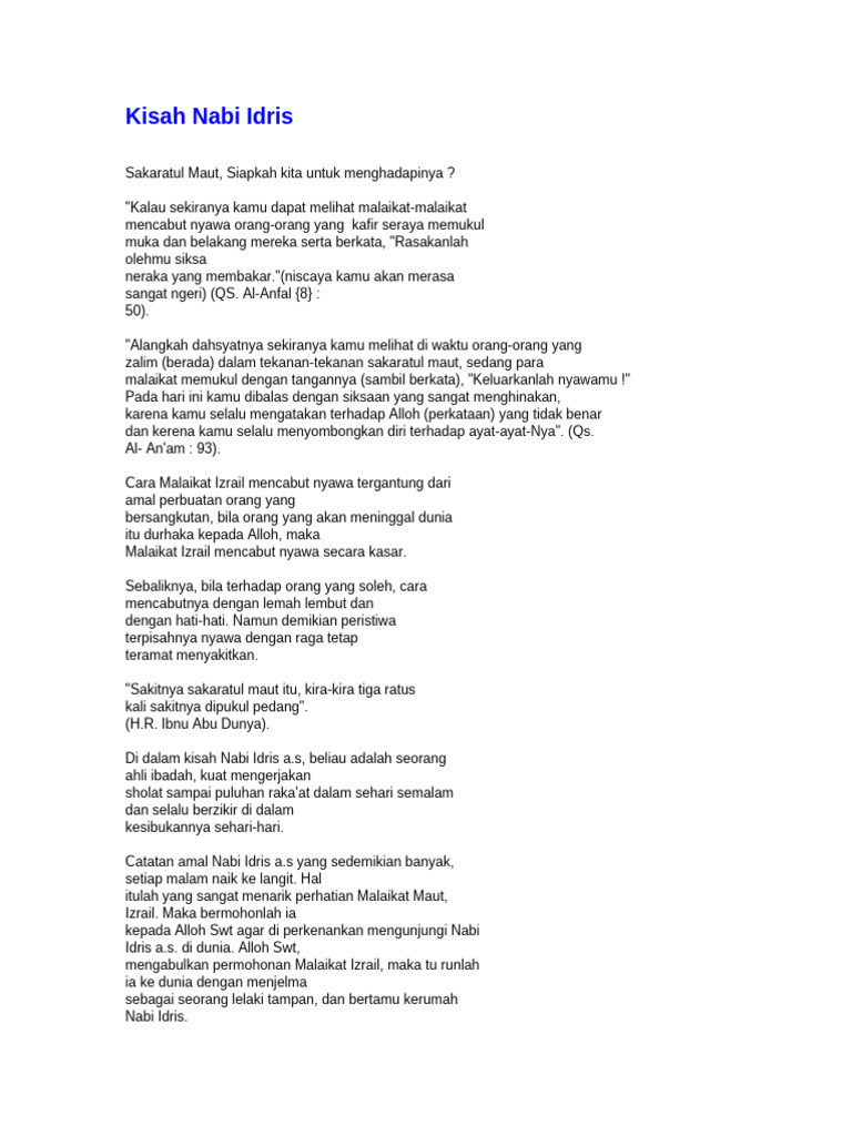 Kisah Nabi Idris dan Sakaratul Maut | PDF
