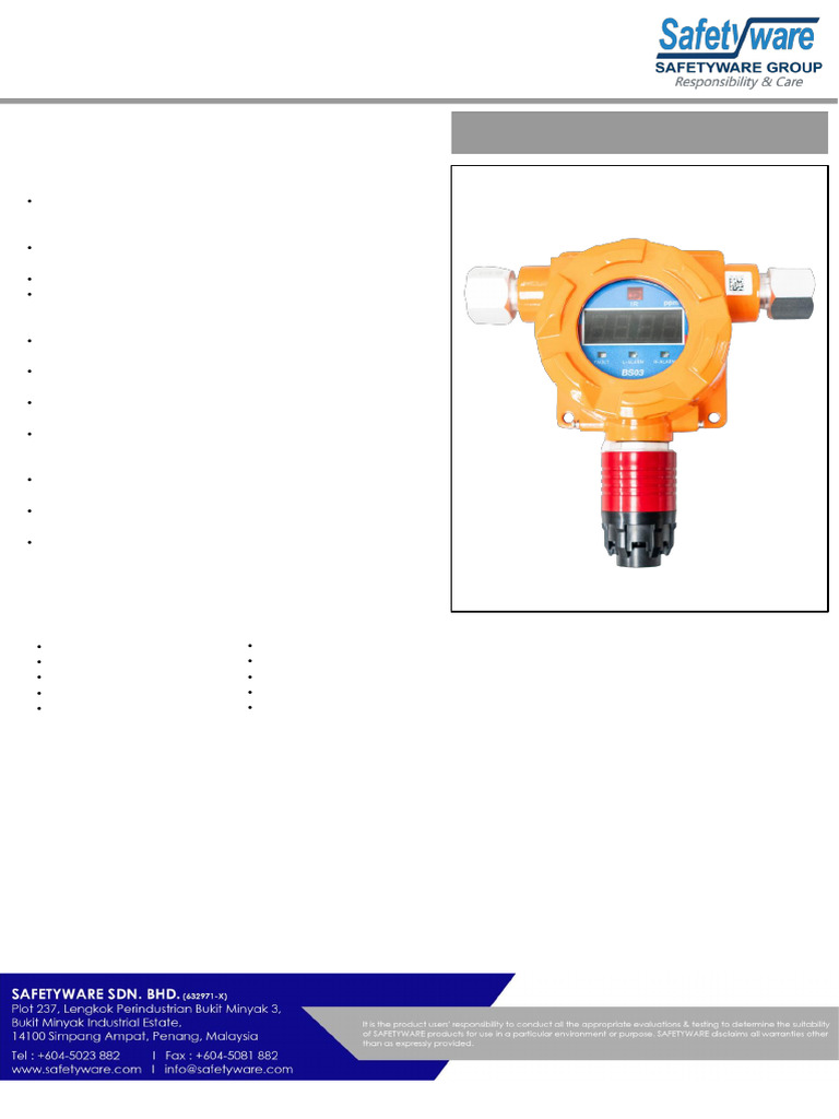 SAFETYWARE GDF70 - Product Specification | PDF | Gases