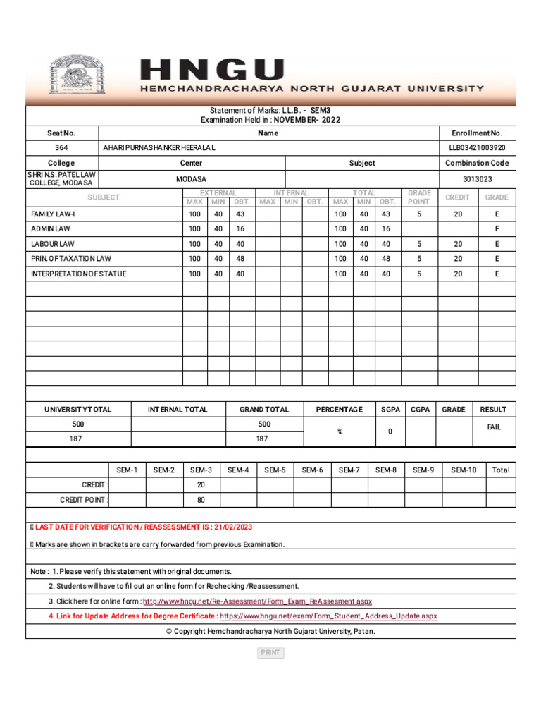 Statement of Marks: LL.B. - SEM3 Examination Held In: NOVEMBER-2022 | PDF