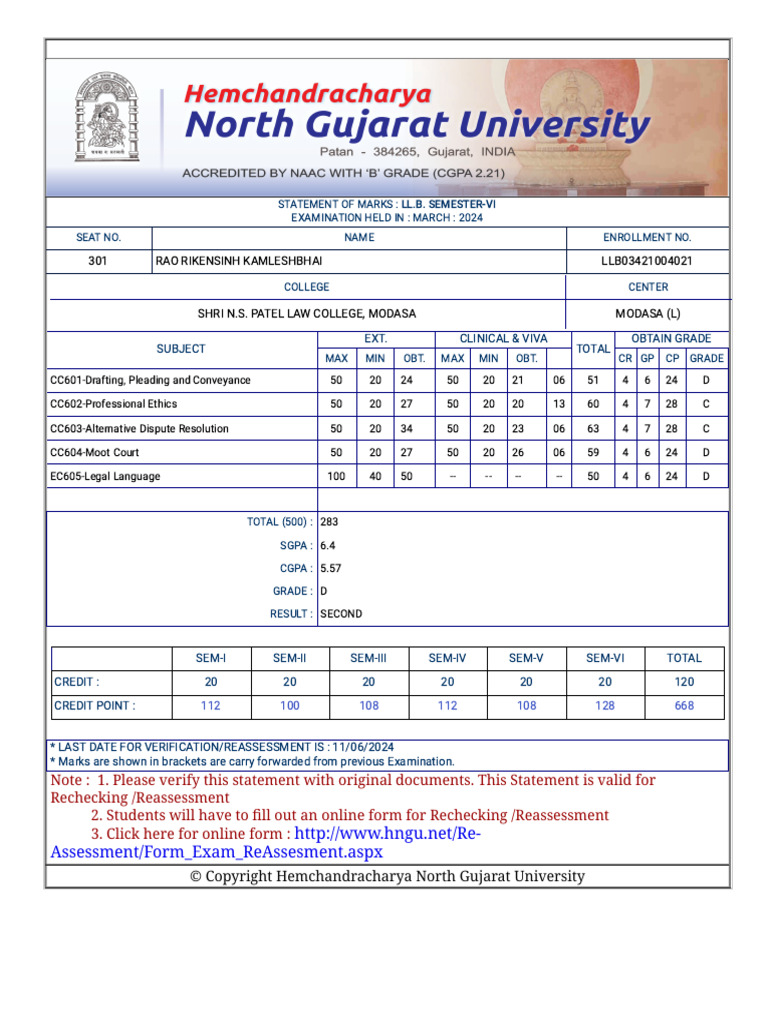 Hemchandracharya North Gujrat University, RESULT - MARCH - 2024 | PDF