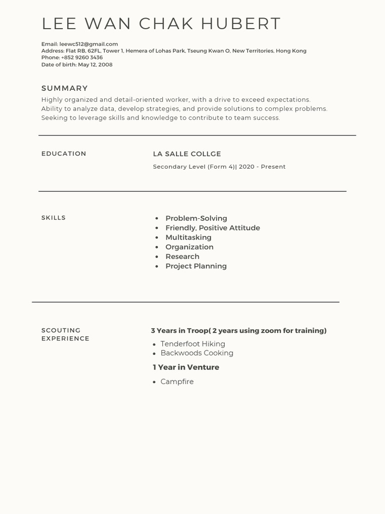 Lee Wan Chak Hubert-Task 1 (CV) | PDF