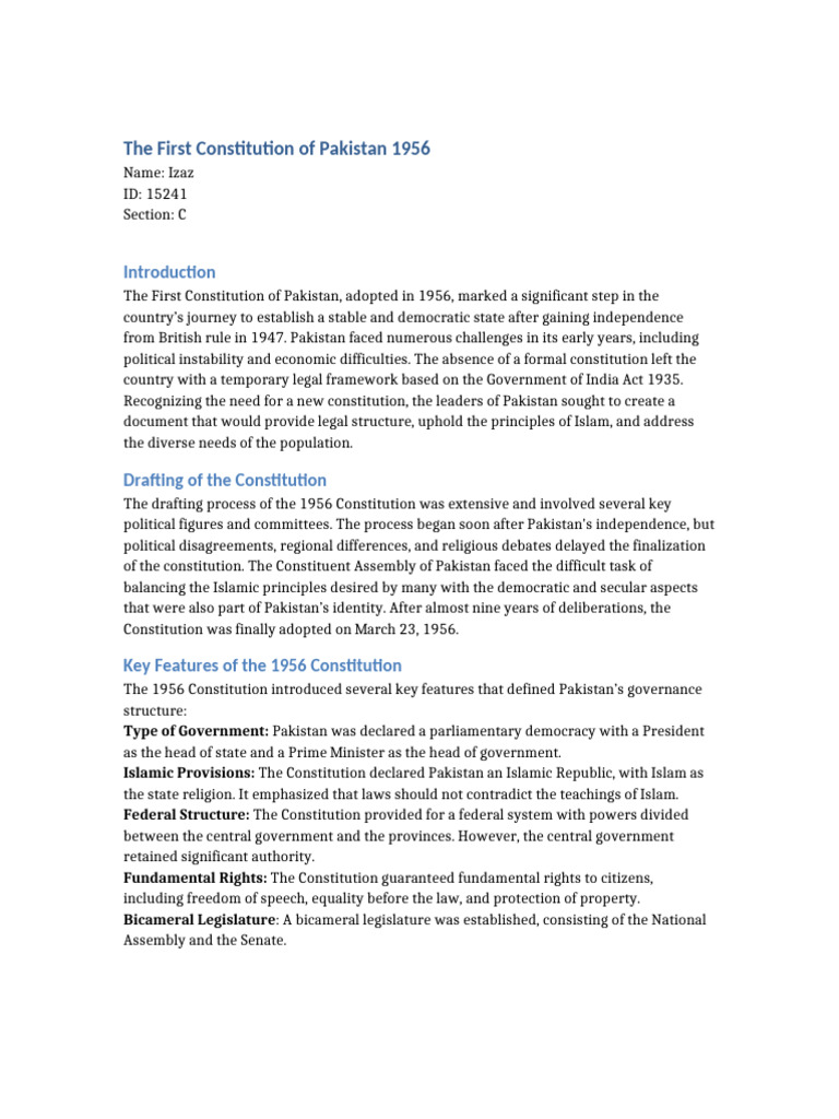 First Constitution of Pakistan 1956 Izaz | PDF | Constitution | Pakistan