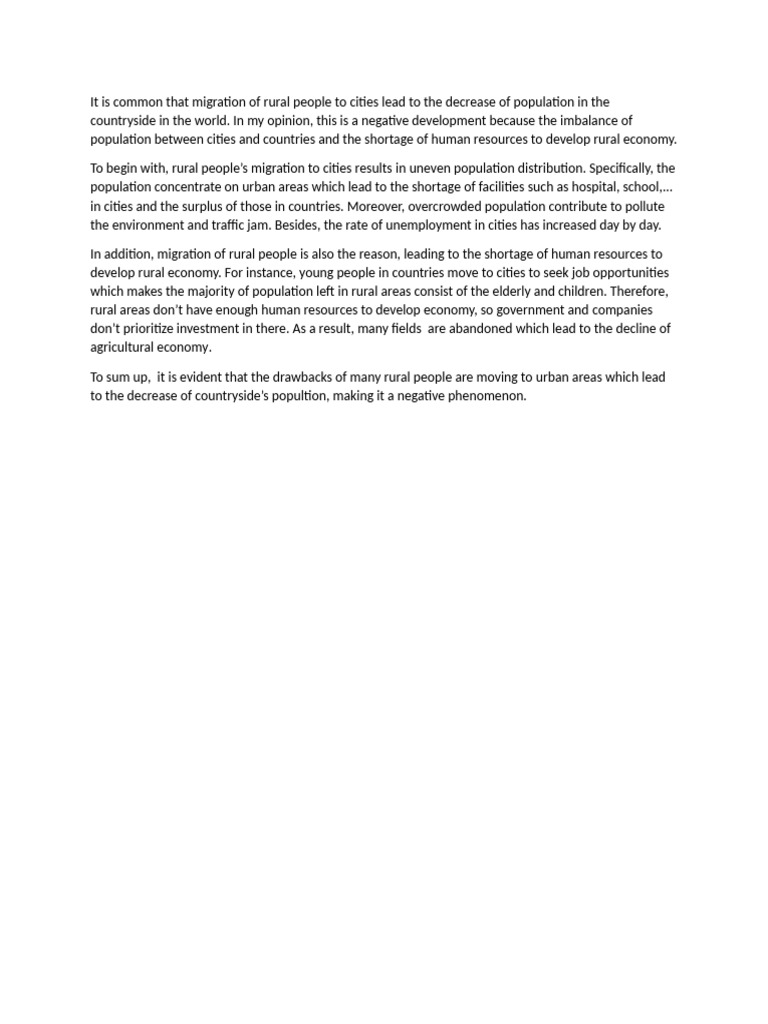 It Is Common That Migration of Rural People To Cities Lead To The ...