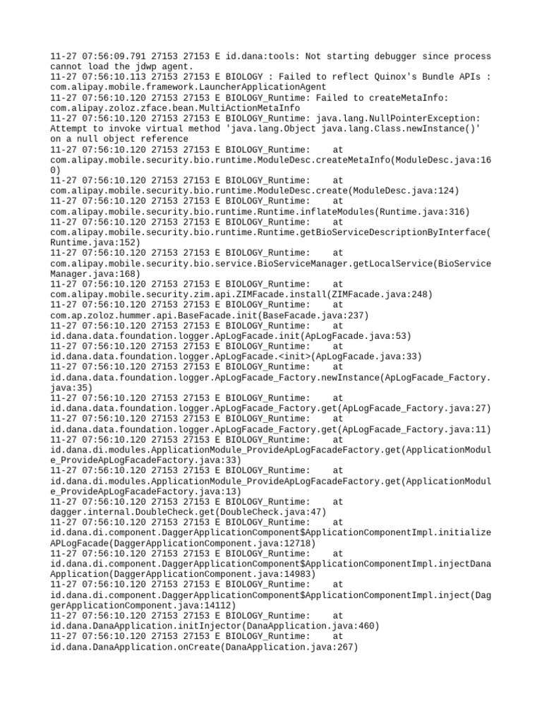 Alipay BioService Runtime Errors | PDF | Java (Programming Language) | Software Engineering