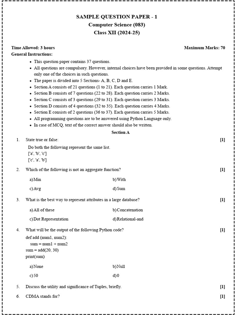 Class XII Computer Science Sample Paper | PDF | Parameter (Computer ...