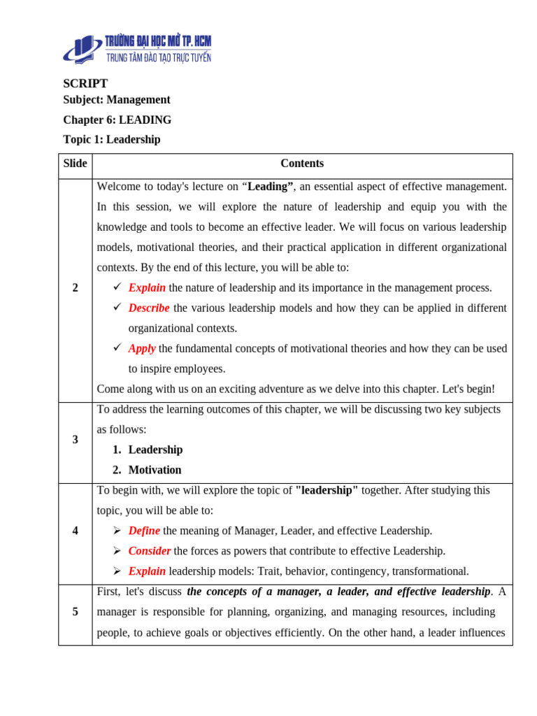 QTHTA - C6 - CD6.1 - Leadership | PDF | Leadership | Transformational Leadership