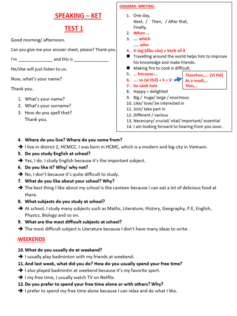 Speaking - KET - Trả Lời Câu Hỏi | PDF