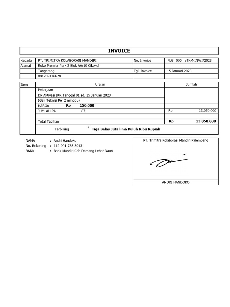 Invoice DP IKR Per 15 Jan | PDF