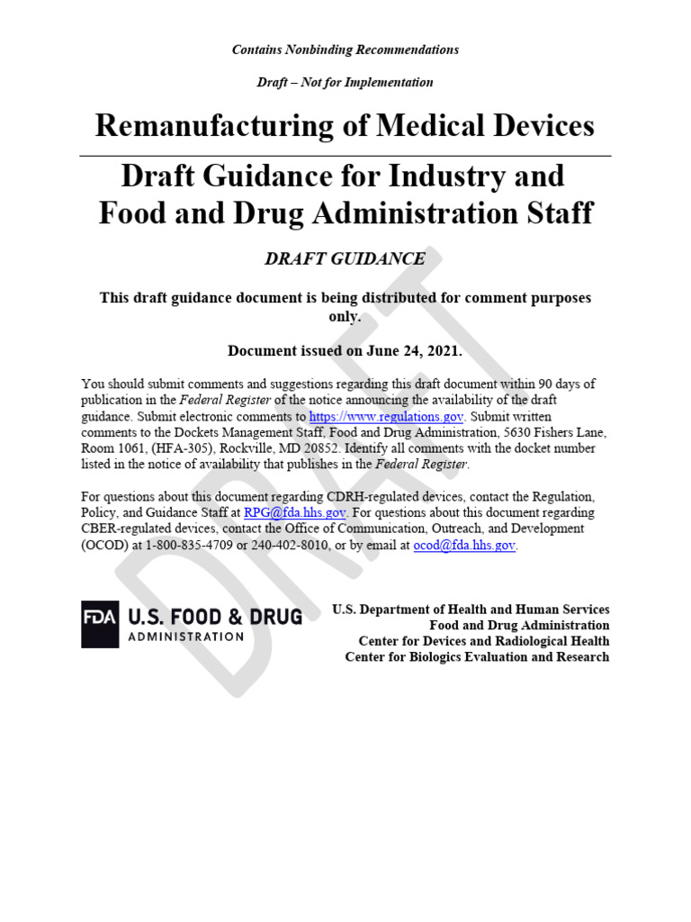 Remanufacturing Medical Devices Guidance | PDF | Federal Food | Risk