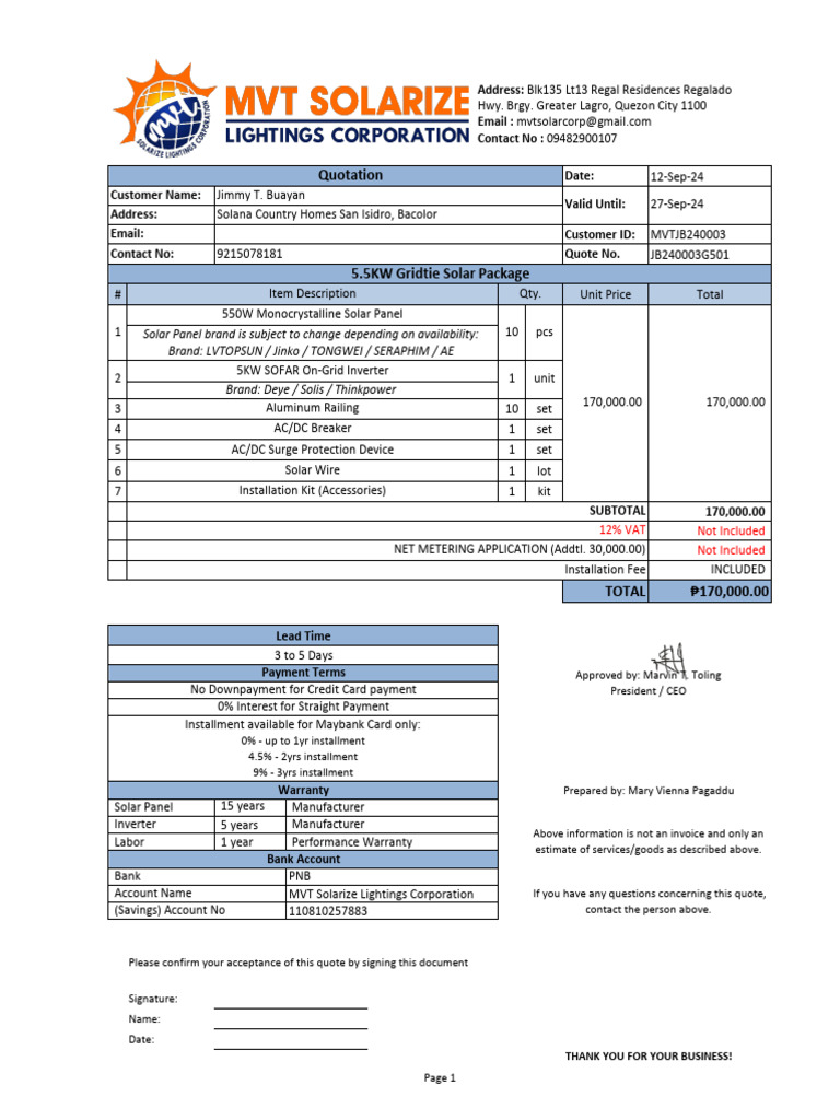 MVT 5.5KW Gridtie Solar Setup JB240003 Quotation 01 | PDF | Electrical ...