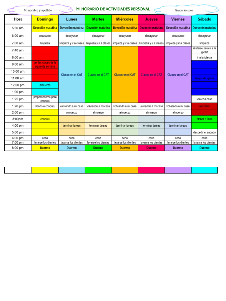 Horario Semanal de Actividades Personales | PDF | Cena | Almuerzo
