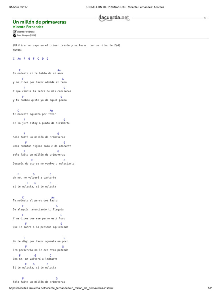 Un Millon de Primaveras, Vicente Fernandez_ Acordes | PDF | Música ...