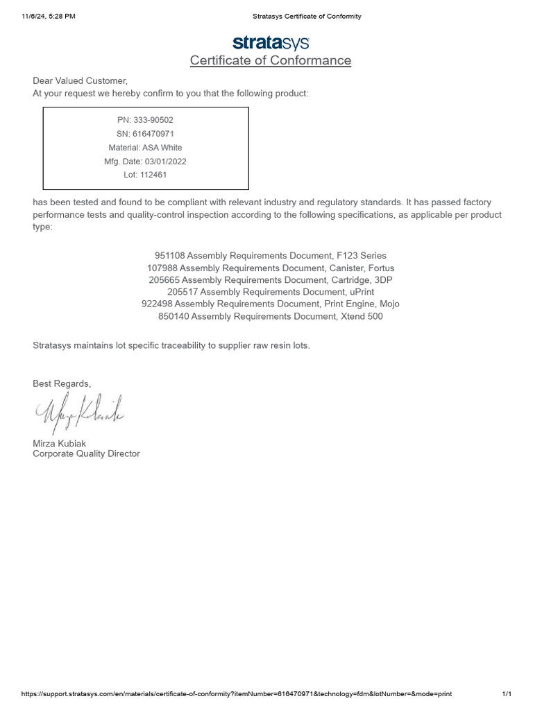 Stratasys ASA Certificate of Conformance | PDF