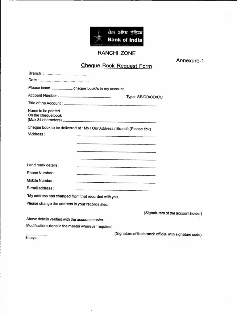 Boi Cheque Book Request Form | PDF