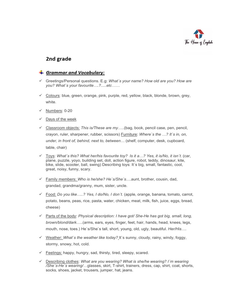 2nd Grade Grammar and Vocabulary Guide | PDF