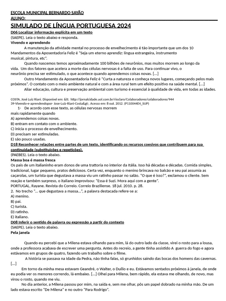 Simulado de Língua Portuguesa Bernardo Sayão | PDF | Poesia