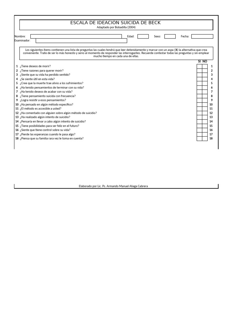 ESCALA DE IDEACION SUICIDA BECK SSI-peru 13 A 16 Años | PDF | Salud mental