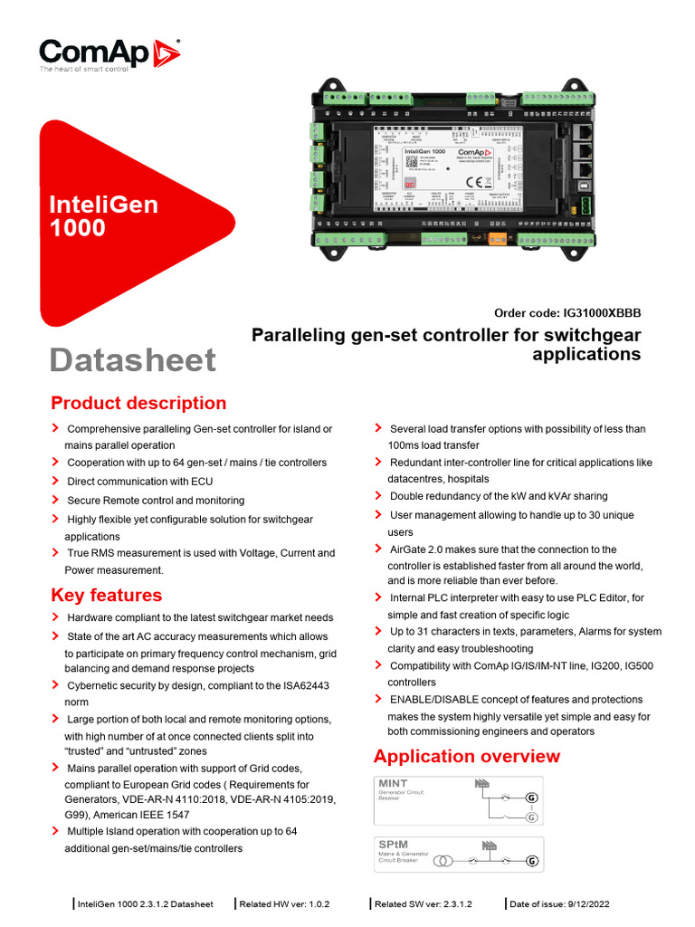 InteliGen 1000 Gen-Set Controller Datasheet | PDF | Power Supply | Hertz