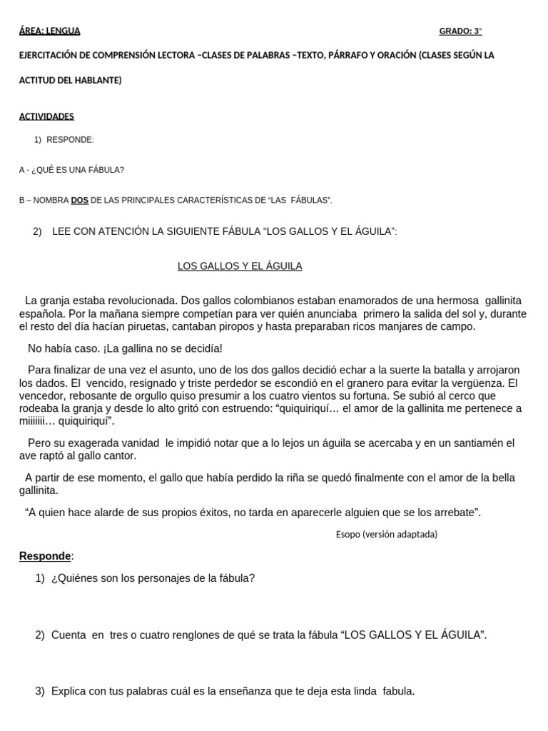 Actividades de Ejercitación para La Evaluacion de Lengua 3° Grado Cocchetti 2024 | PDF ...