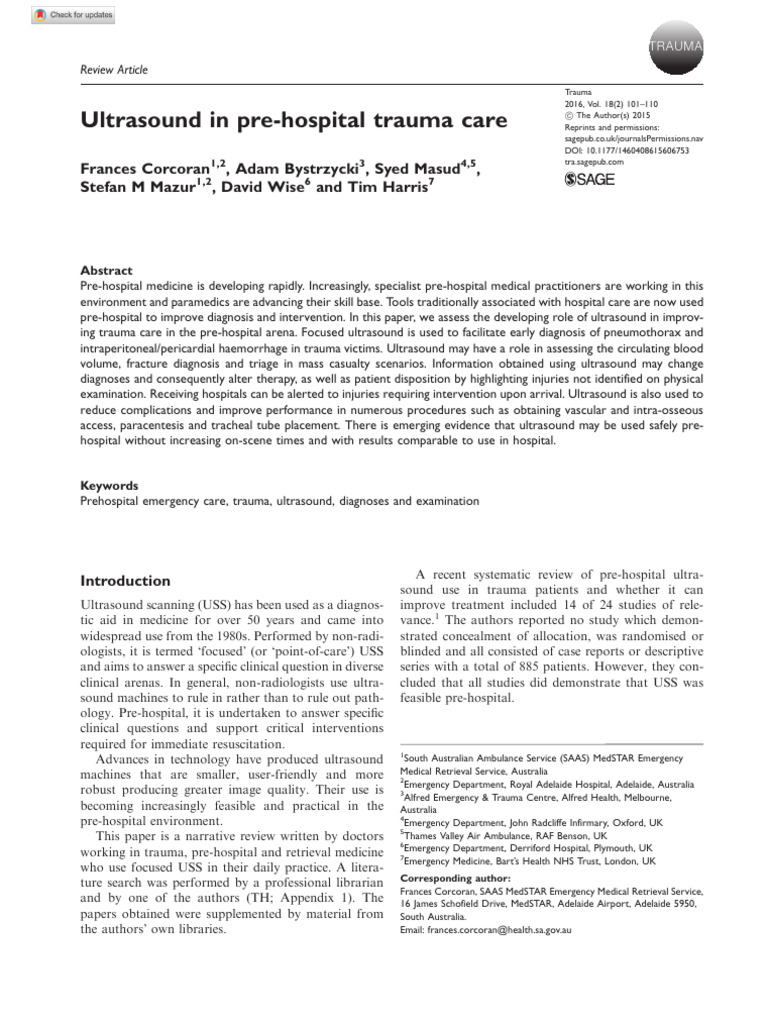 Corcoran Et Al 2015 Ultrasound in Pre Hospital Trauma Care | PDF ...