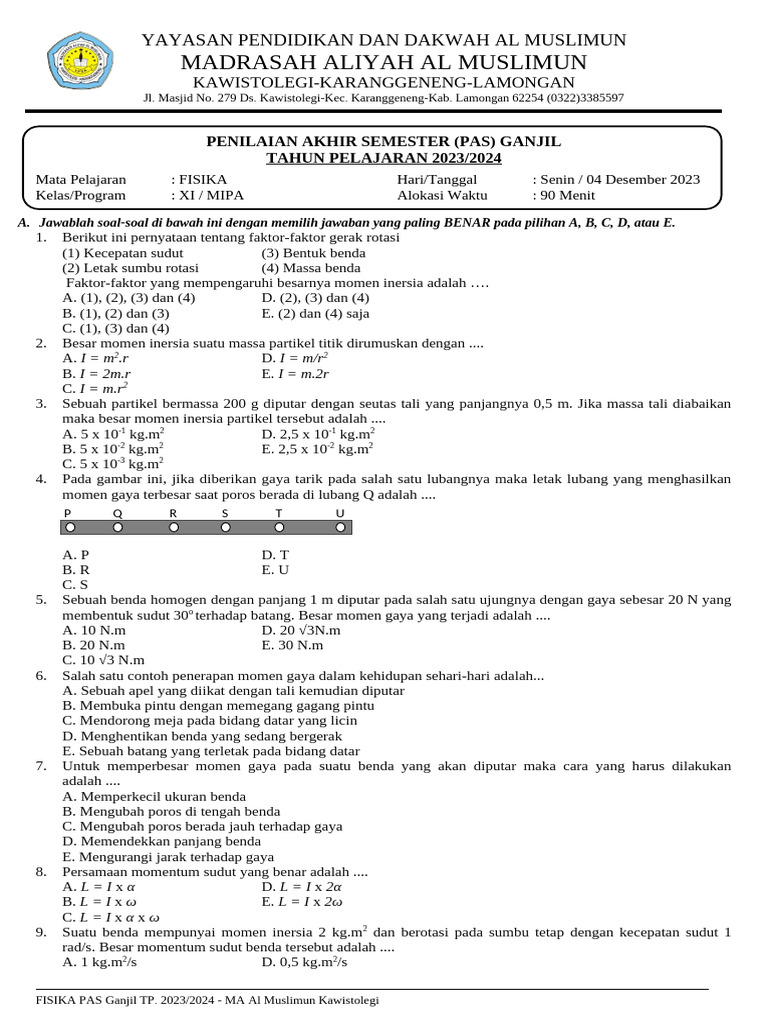 Soal PAS Fisika Kelas XI MIPA 2023 | PDF