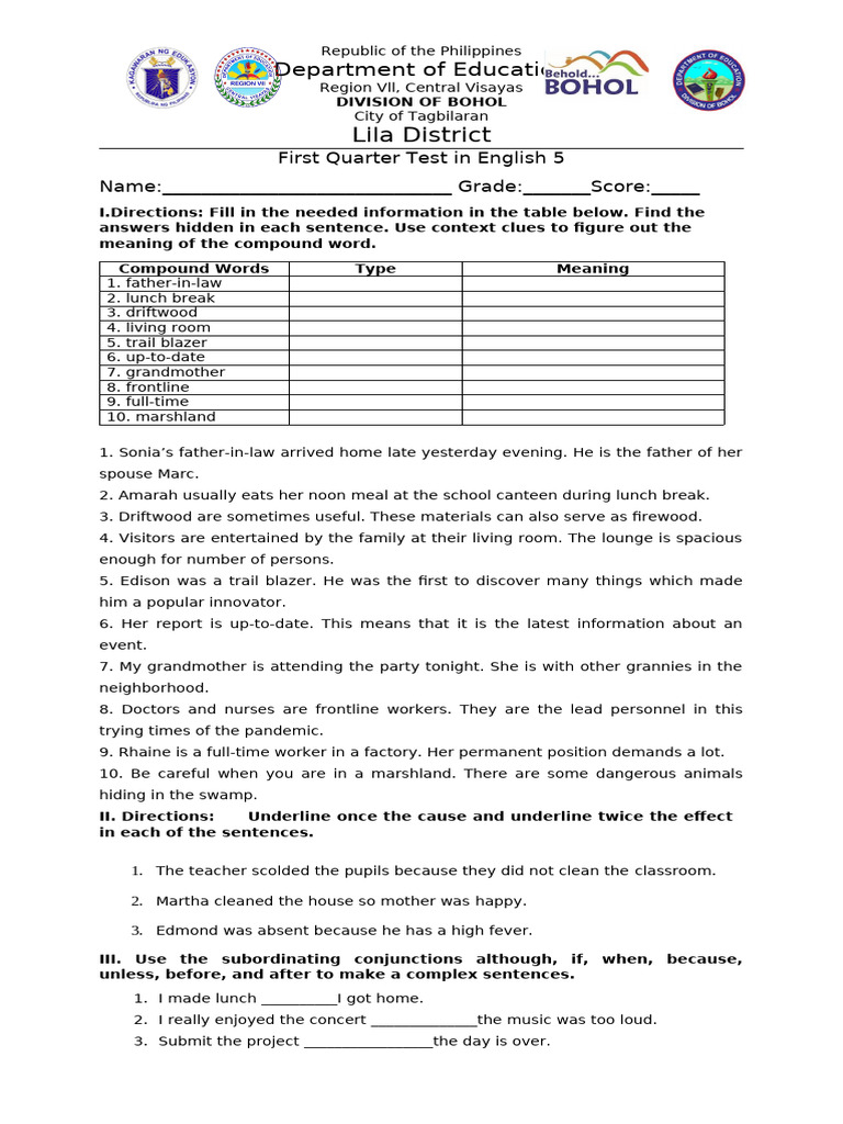 English Test for Grade 5 Students | PDF | Grammar | Syntax