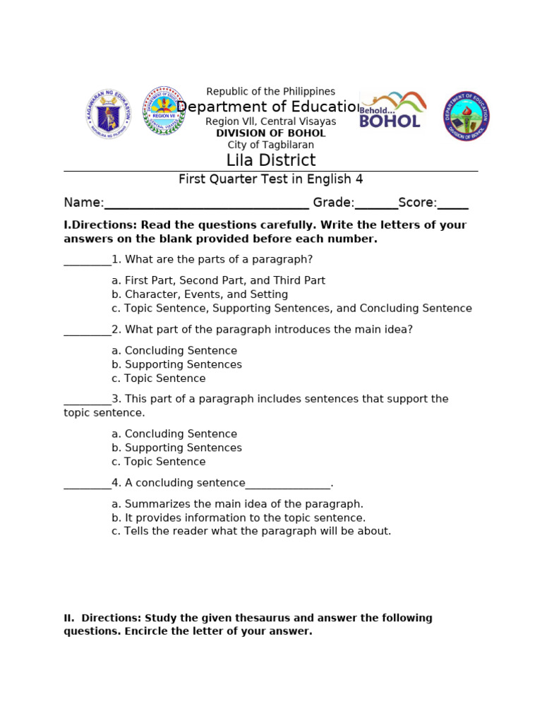 First Quarter Test in English 4 | PDF