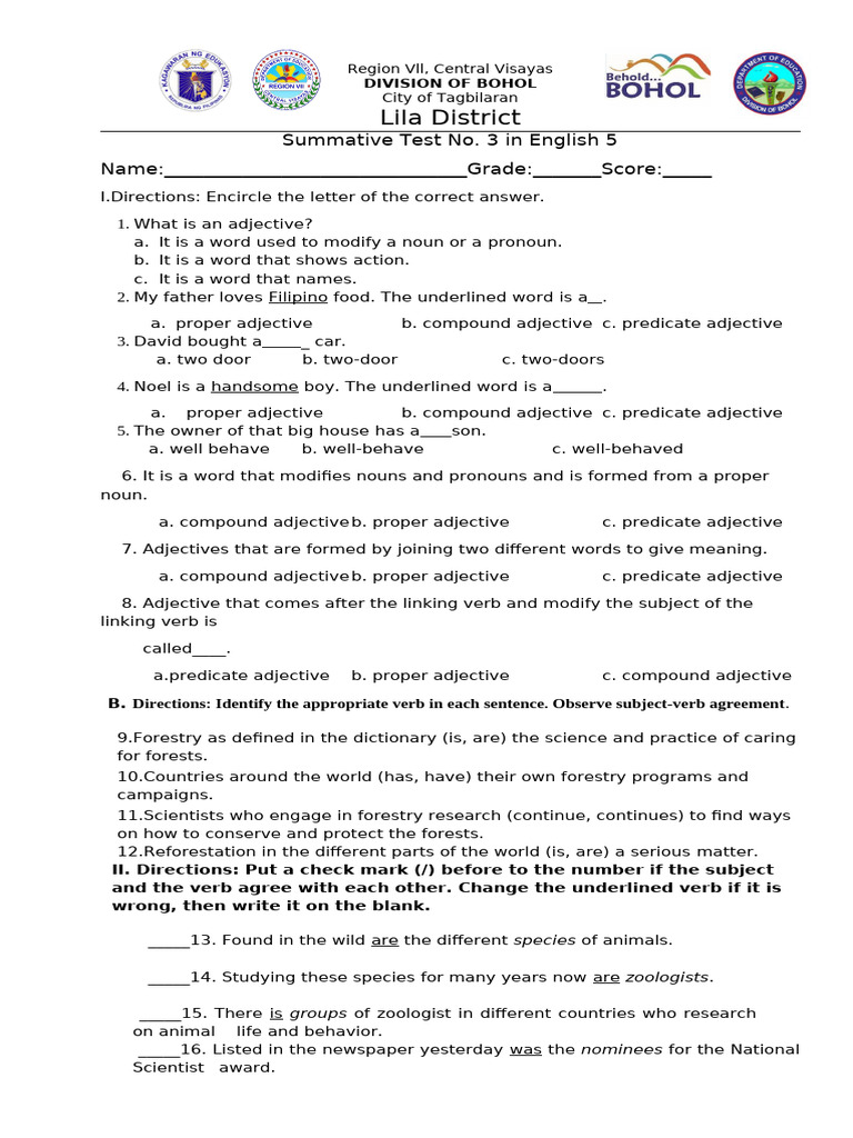 English 5 Summative Test on Adjectives | PDF | Adjective | Verb