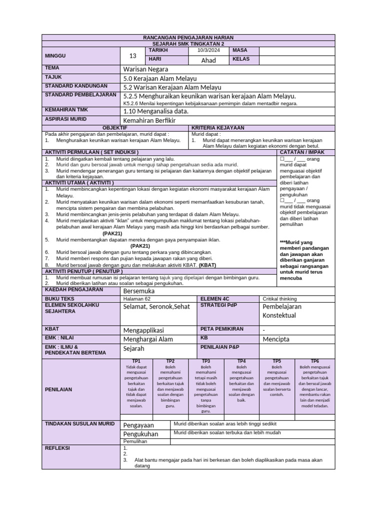 RPH SMK Minggu 13 Sejarah Tingkatan 2 2024 2025 by Cikgu Gorgeous | PDF
