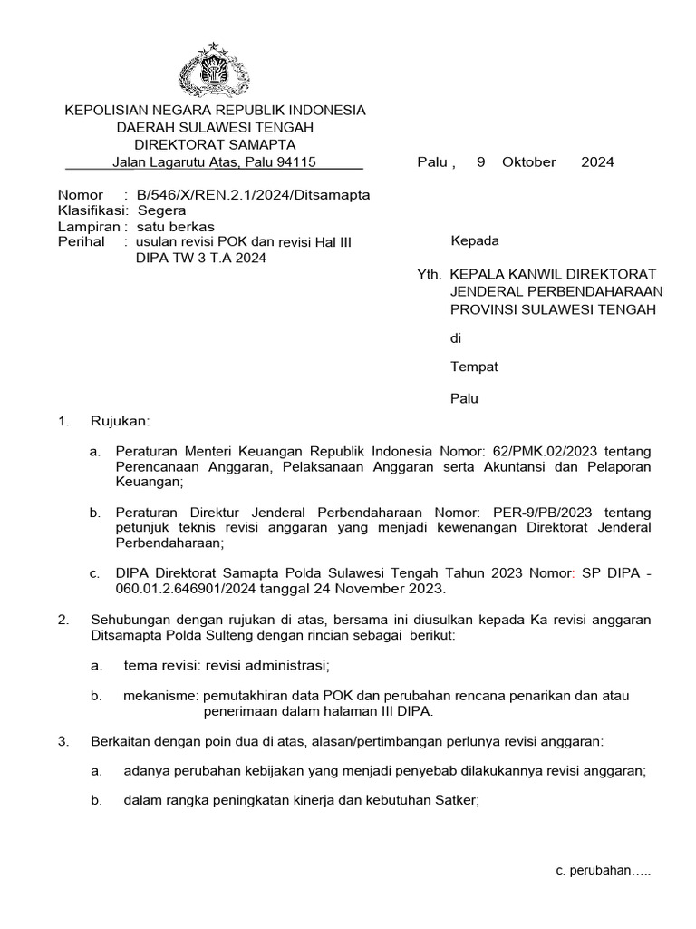 Surat Usulan Revisi Pok Dan Revisi Dipa | PDF