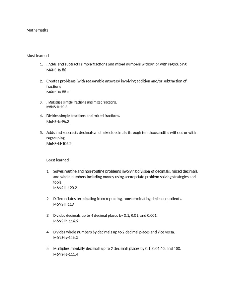 Mathematics Most and Least Learned g6 q1 | PDF