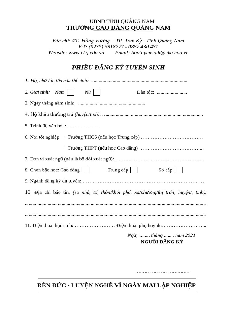 Phieu Dang Ky Tuyen Sinh 2021 | PDF