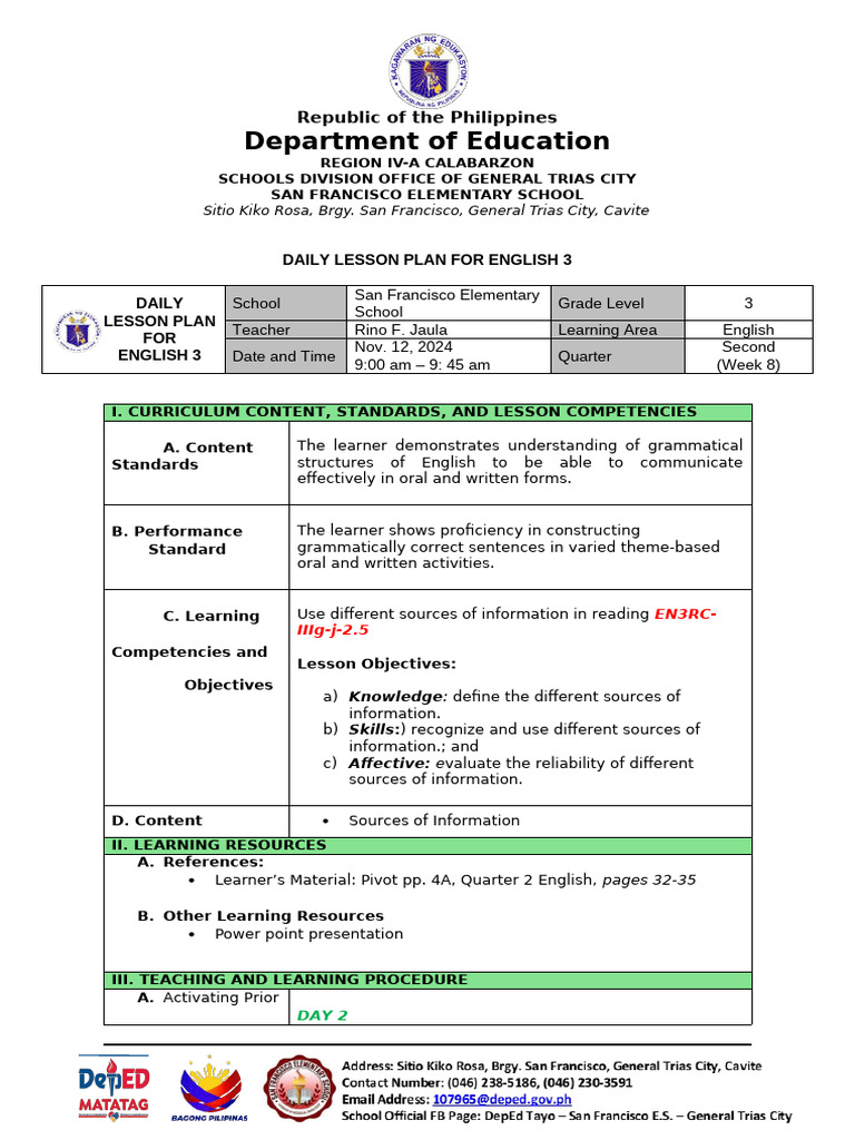 Dlp-Q2-W8-Day2 English3 Jaula Rino | PDF | Lesson Plan | Learning
