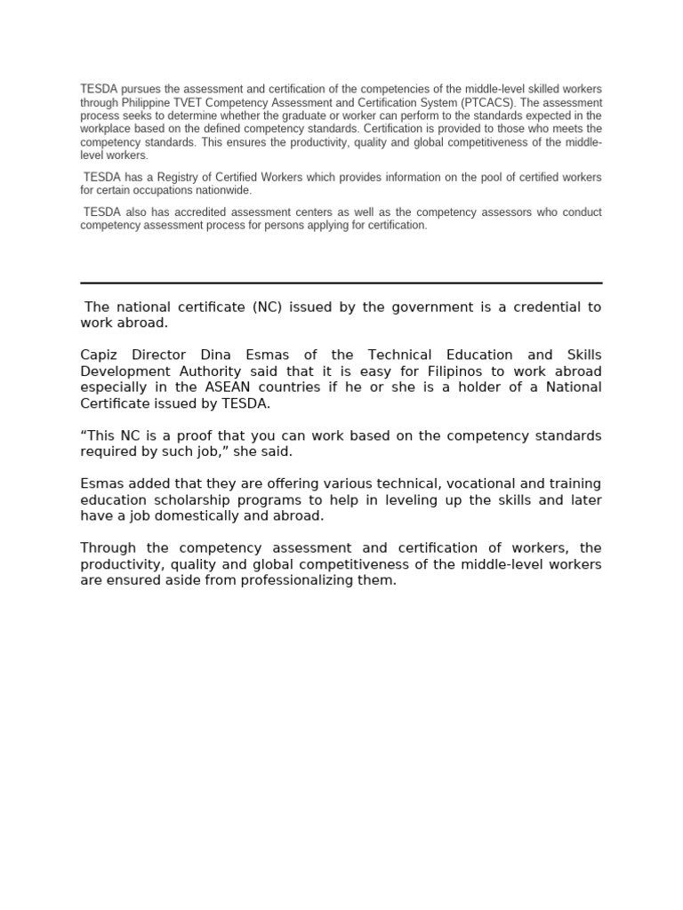 TESDA Pursues The Assessment and Certification of The Competencies of ...