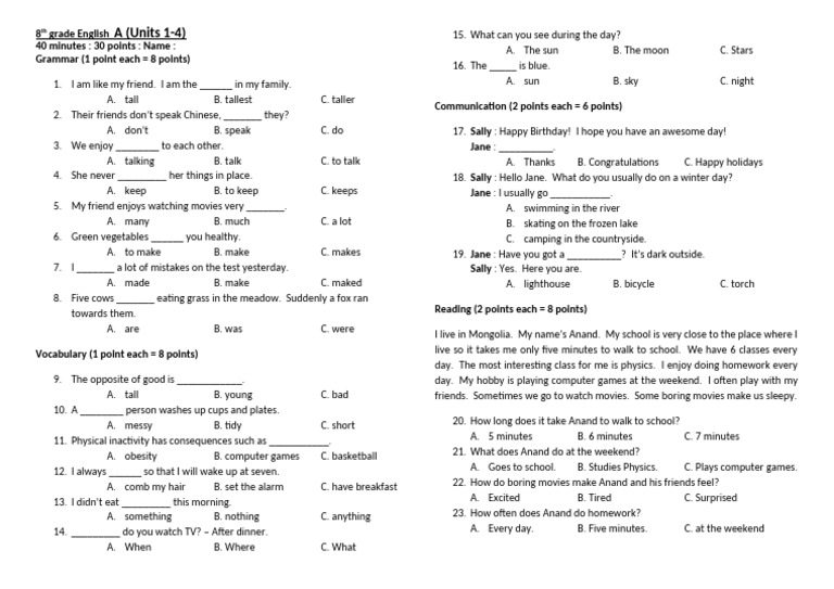 8th Grade Test A Oct 2020 | PDF