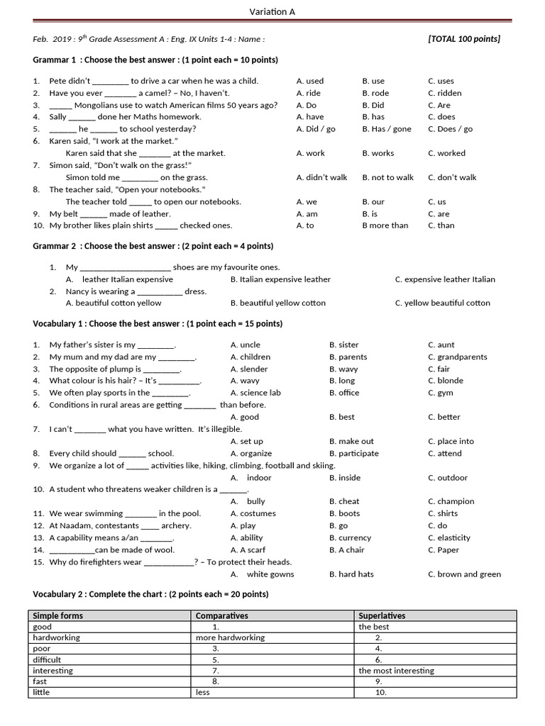 Feb 2019 9th Grade Test A | PDF | Clothing