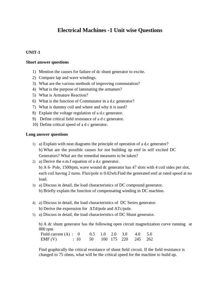 Electrical Machines 1 Question Bank | PDF | Transformer | Electric Motor
