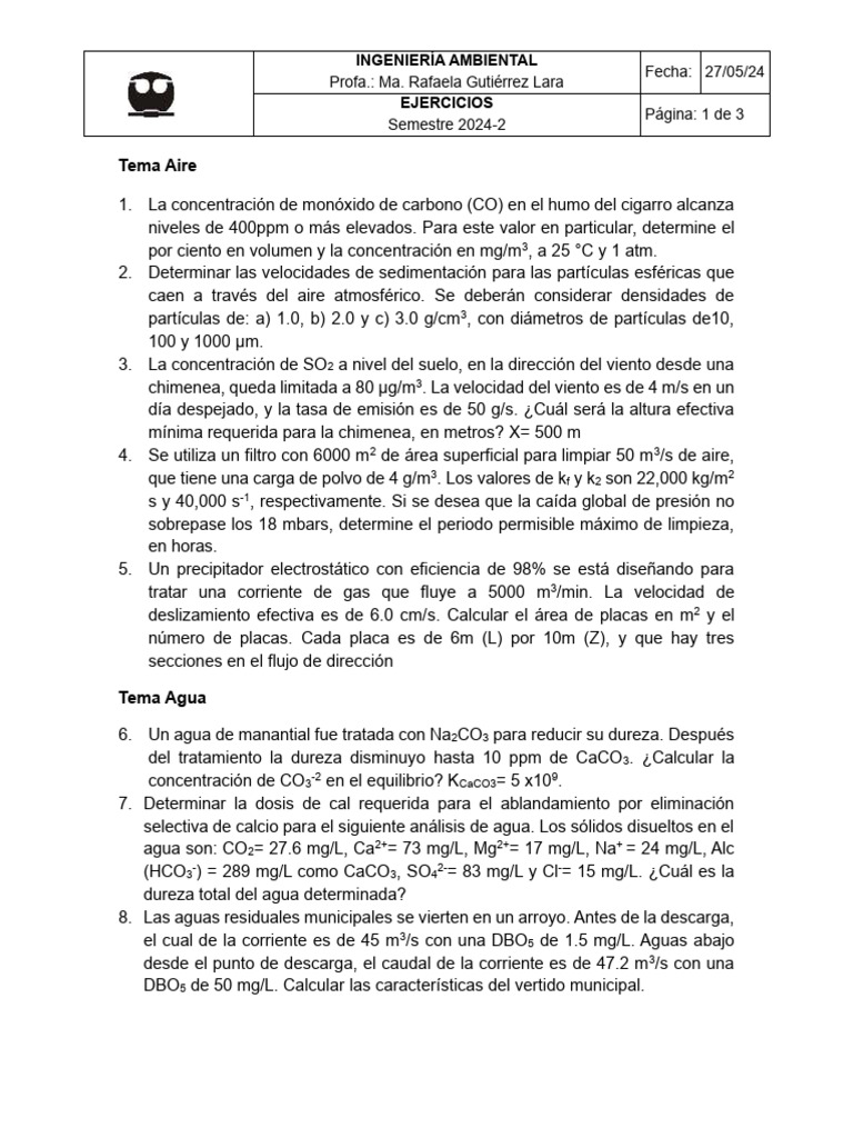 Ejercicios Ing. Amb. | PDF | Ácido clorhídrico | Concentración