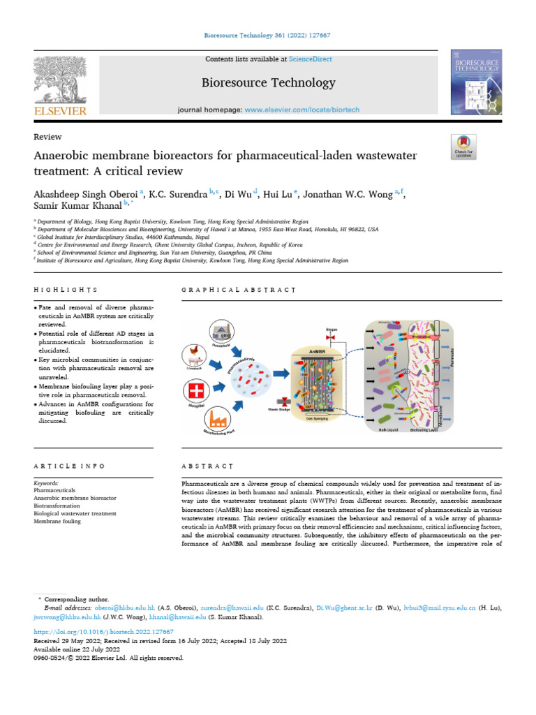 Anaerobic Membrane Bioreactors For Pharmaceutical-Laden Wastewater | PDF | Membrane