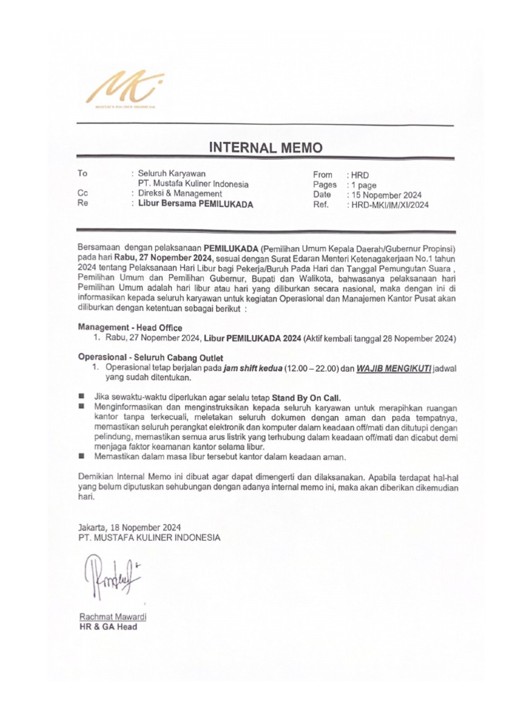 INTERNAL MEMO Libur PEMILUKADA 2024 | PDF