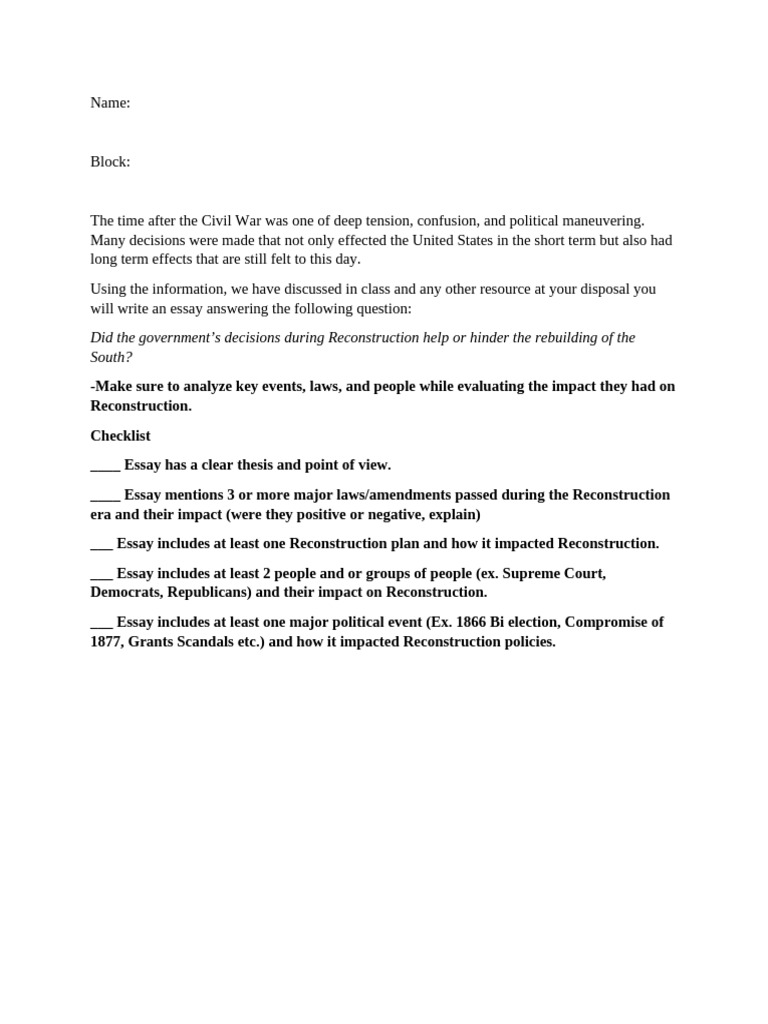 Reconstruction Soph Essay 2024 | PDF